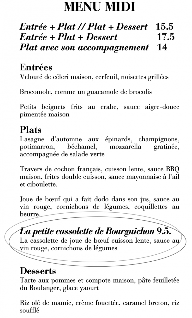 MENU - BICHON L'AUBERGE NOUVELLE GÉNÉRATION